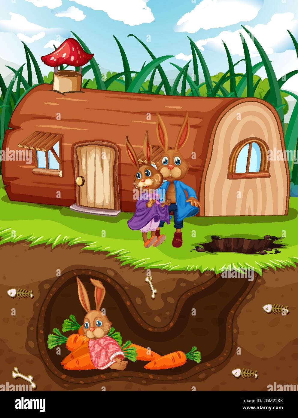 Underground rabbit hole with ground surface of the garden scene ...