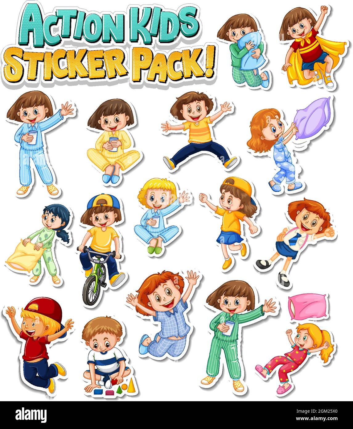 Set of stickers design with kids doing different activities ...