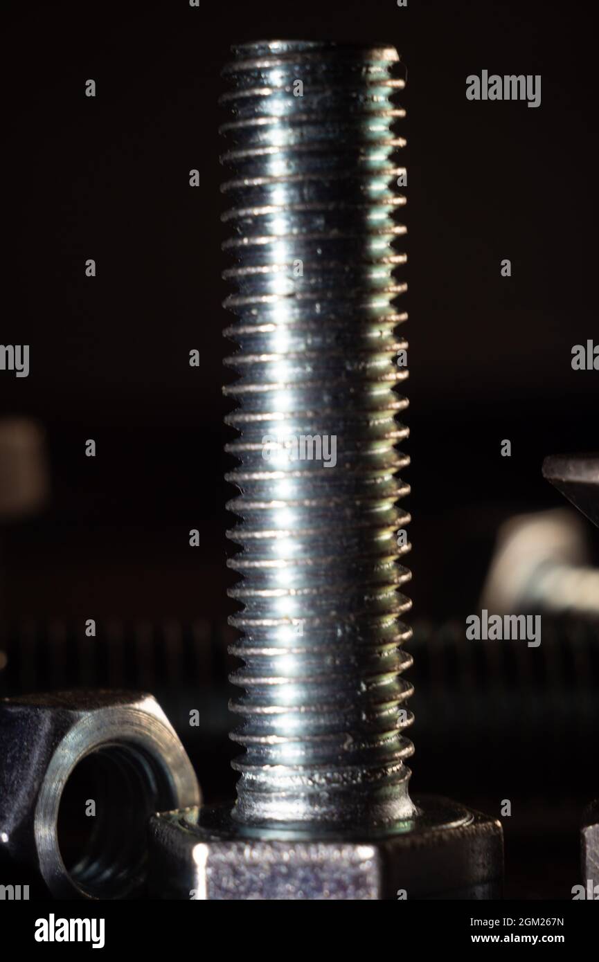 Vertical closeup of the details of the bolts. Bolts and hex nuts Stock ...