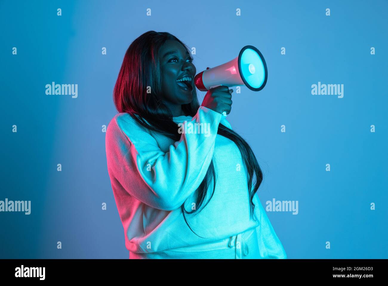 One African beautiful woman with long straight hair shouting at ...