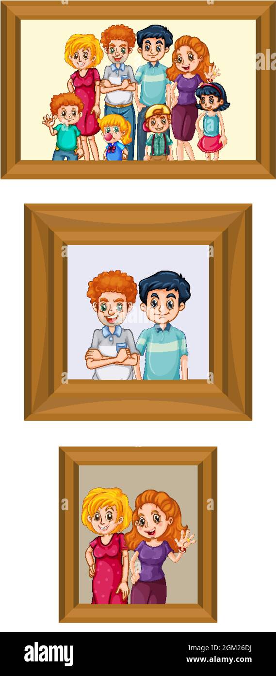 Set of happy family photo on the wooden frame illustration Stock Vector ...