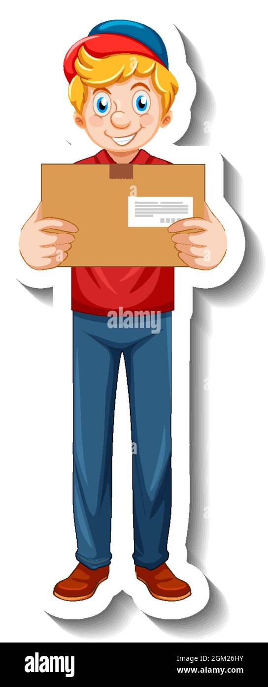 A sticker template with delivery man in uniform holding boxes ...