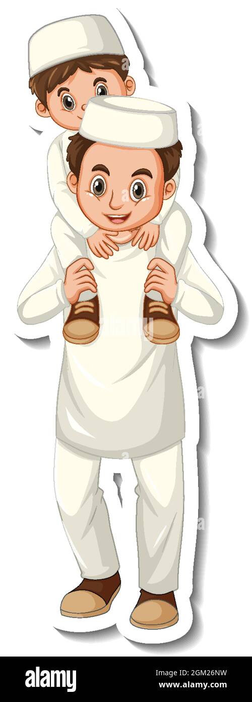 A sticker template with muslim people father and son illustration Stock ...