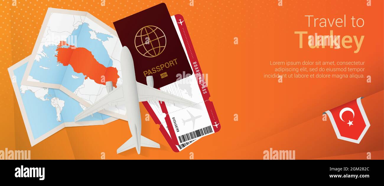Travel to Turkey pop-under banner. Trip banner with passport, tickets ...