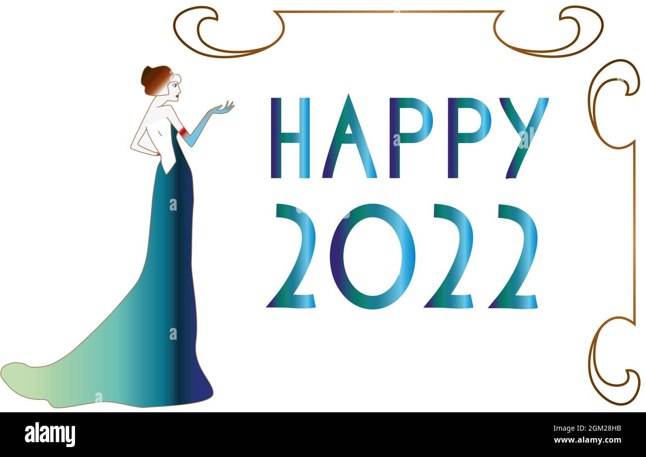 Lady in fancy dress wishing happy 2022, art deco style illustration ...