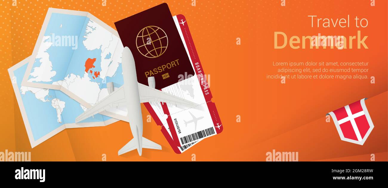 Travel to Denmark pop-under banner. Trip banner with passport, tickets ...