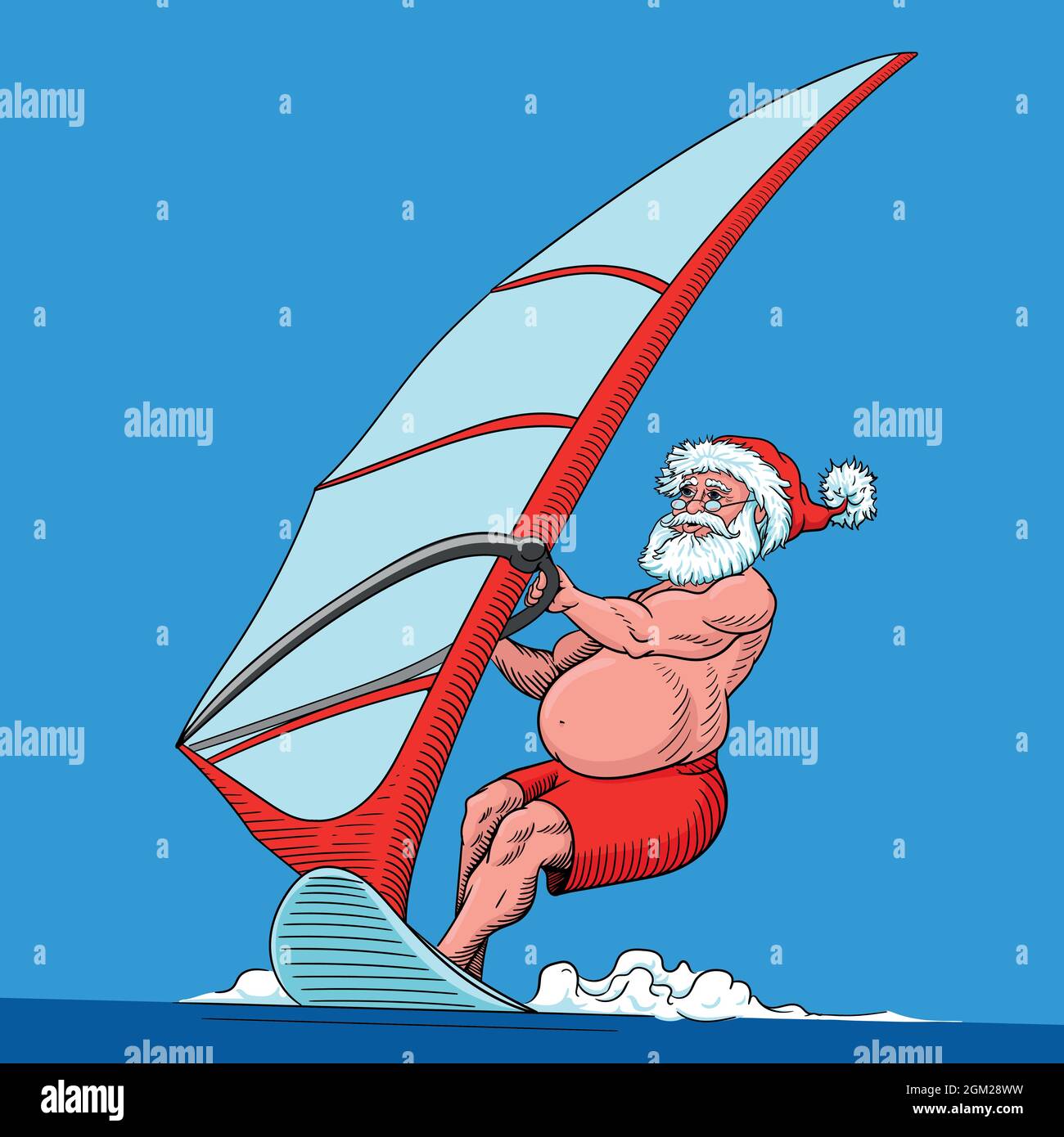Happy Australia Santa Claus is surfing on a sea big wave, vector ...