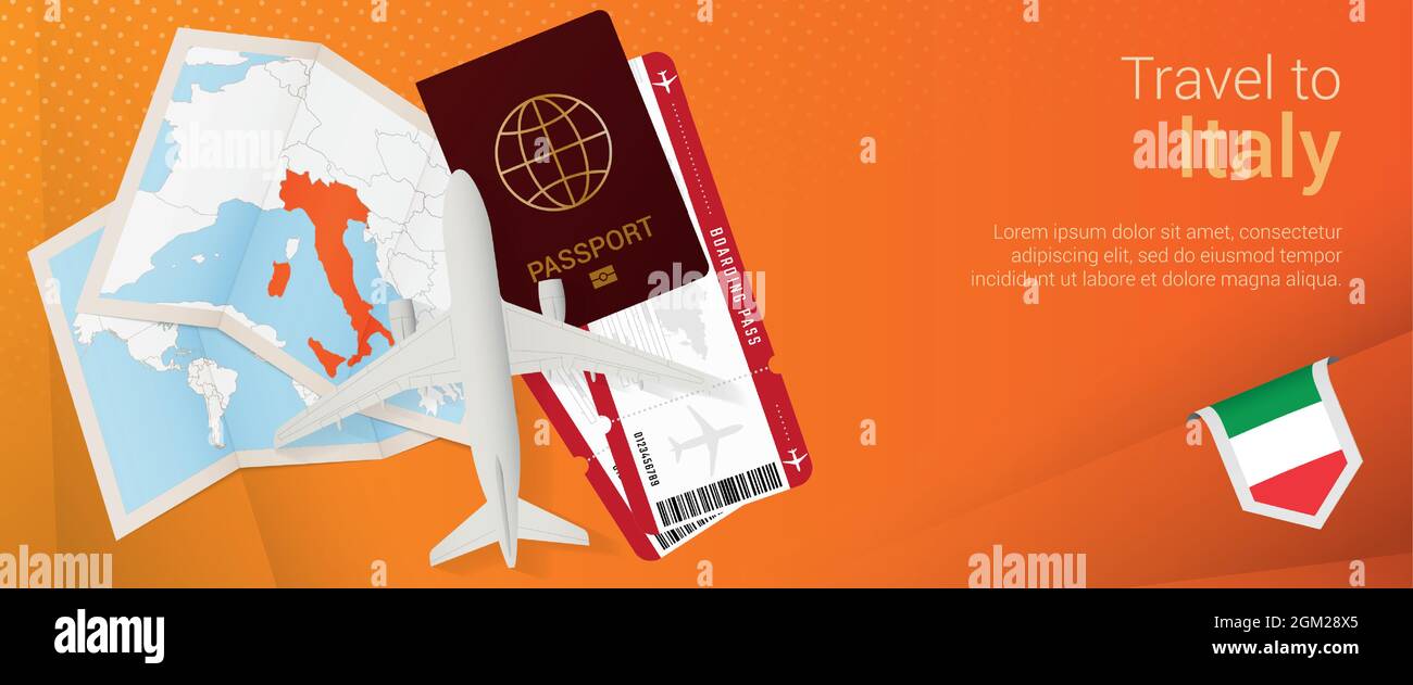 Travel to Italy pop-under banner. Trip banner with passport, tickets ...