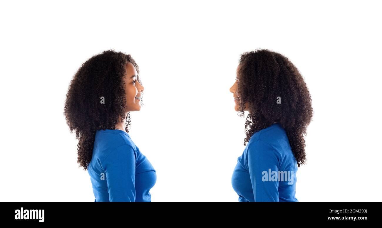 African young girl with blue t-shirt with different positions isolated ...