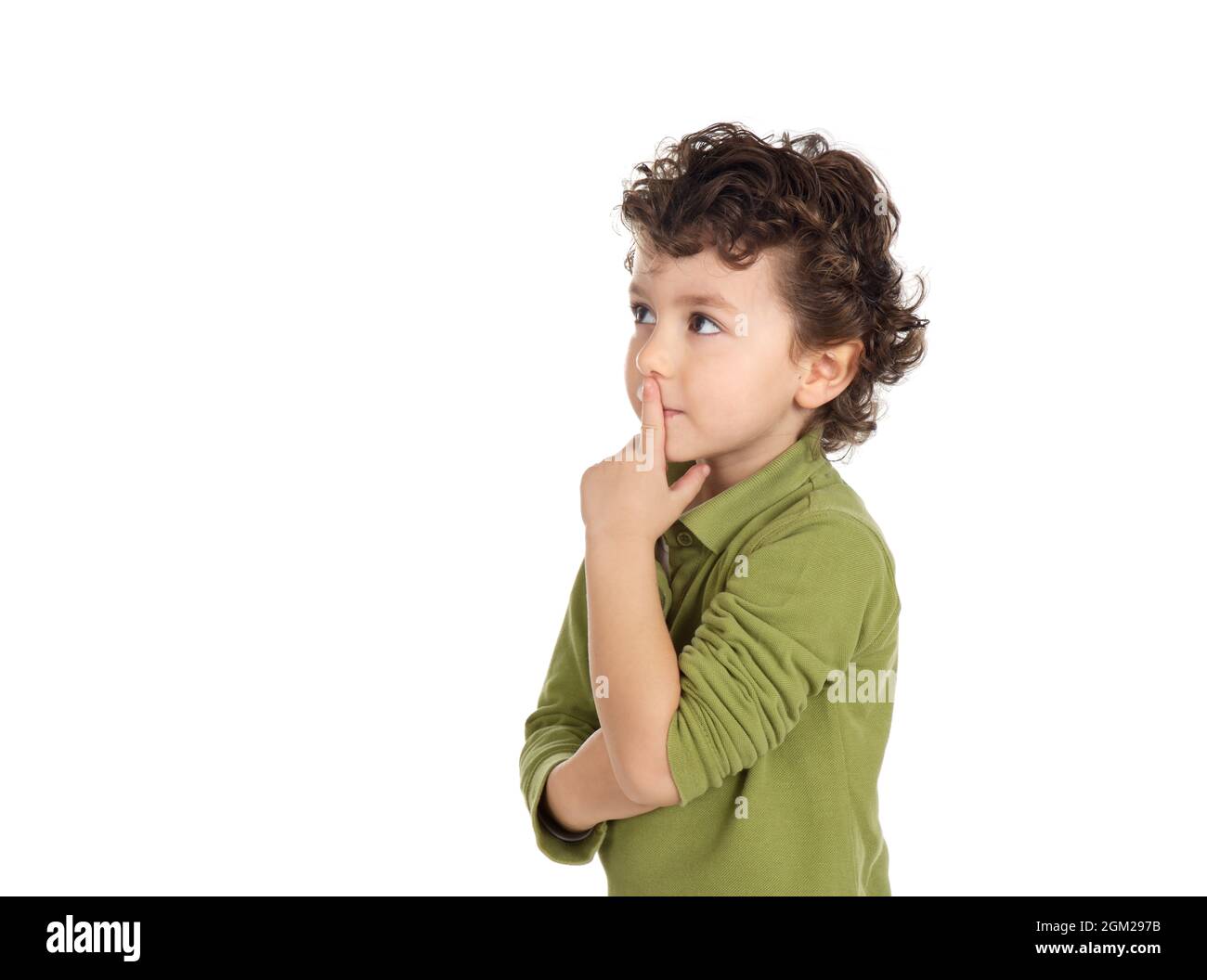 Pensive child looking up isolated on a white background Stock Photo - Alamy