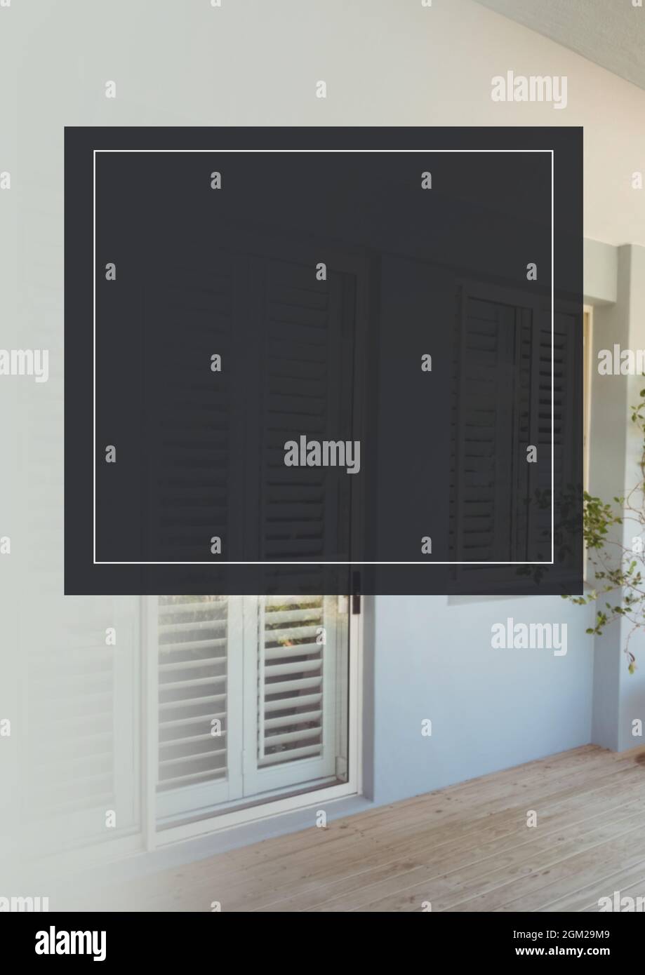Grey banner with copy space against exterior of a door and window of a ...