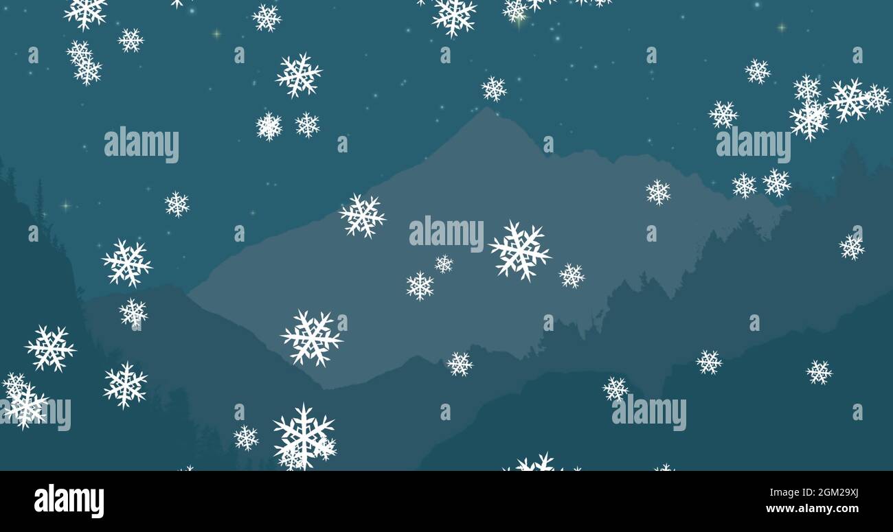 Snow particles falling against landscape with mountains Stock Photo - Alamy