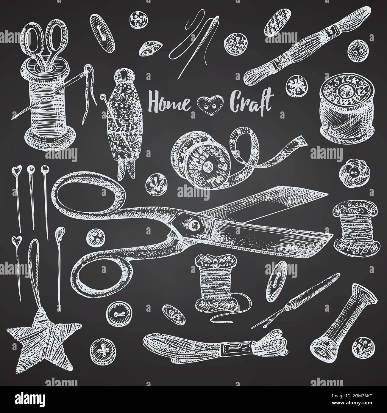 Set of hand-drawn chalk vintage sewing tools. Sew machine, Needle ...