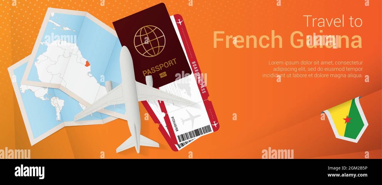 Travel to French Guiana pop-under banner. Trip banner with passport ...