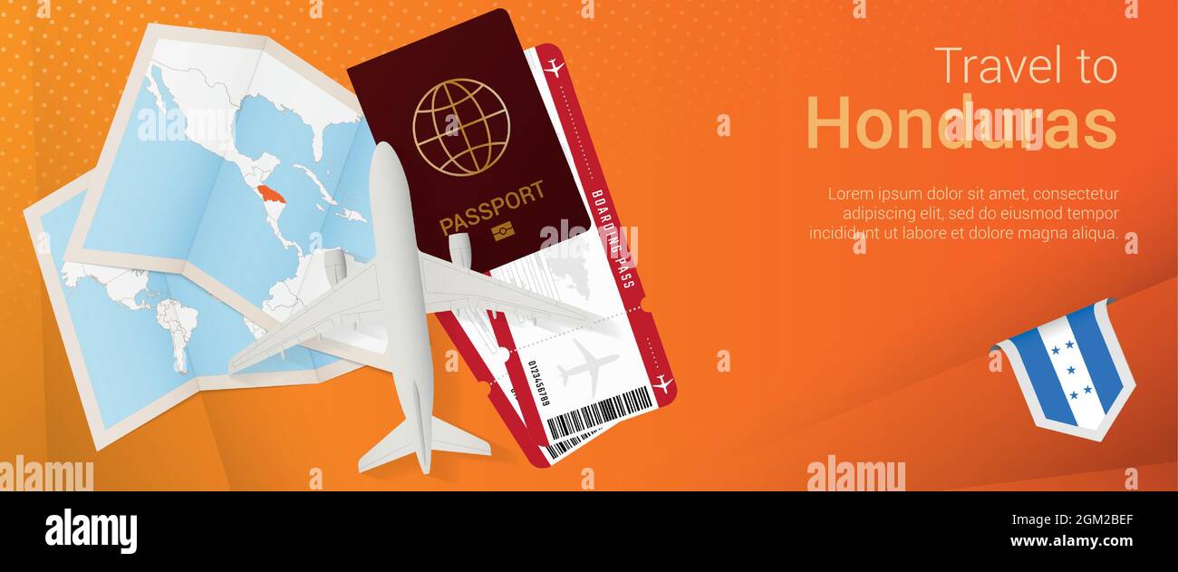 Travel to Honduras pop-under banner. Trip banner with passport, tickets ...