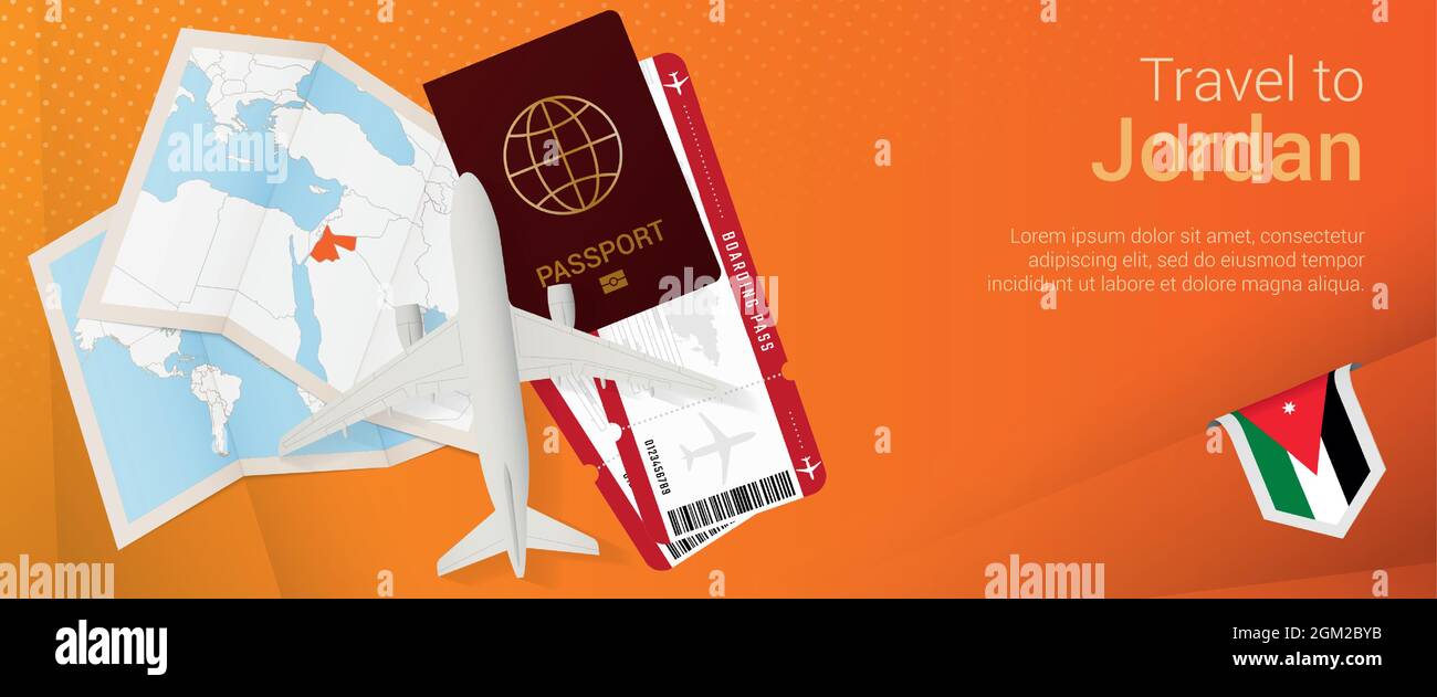 Travel to Jordan pop-under banner. Trip banner with passport, tickets ...