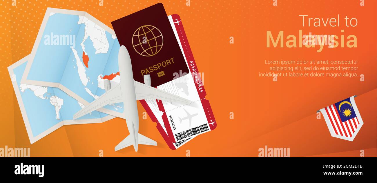 Travel to Malaysia pop-under banner. Trip banner with passport, tickets ...