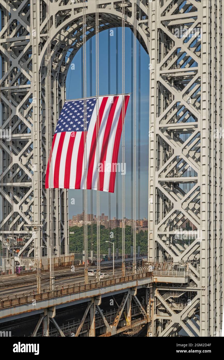 GW Bridge USA Flag - View of the New Jersey NJ side stanchion with the ...