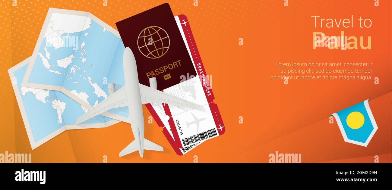 Travel to Palau pop-under banner. Trip banner with passport, tickets ...