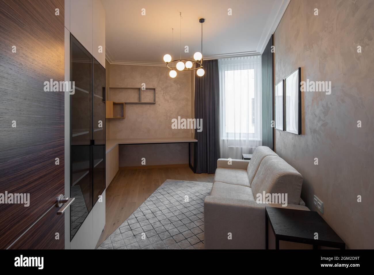 Modern interior of living room in apartment. Brown colors. New ...