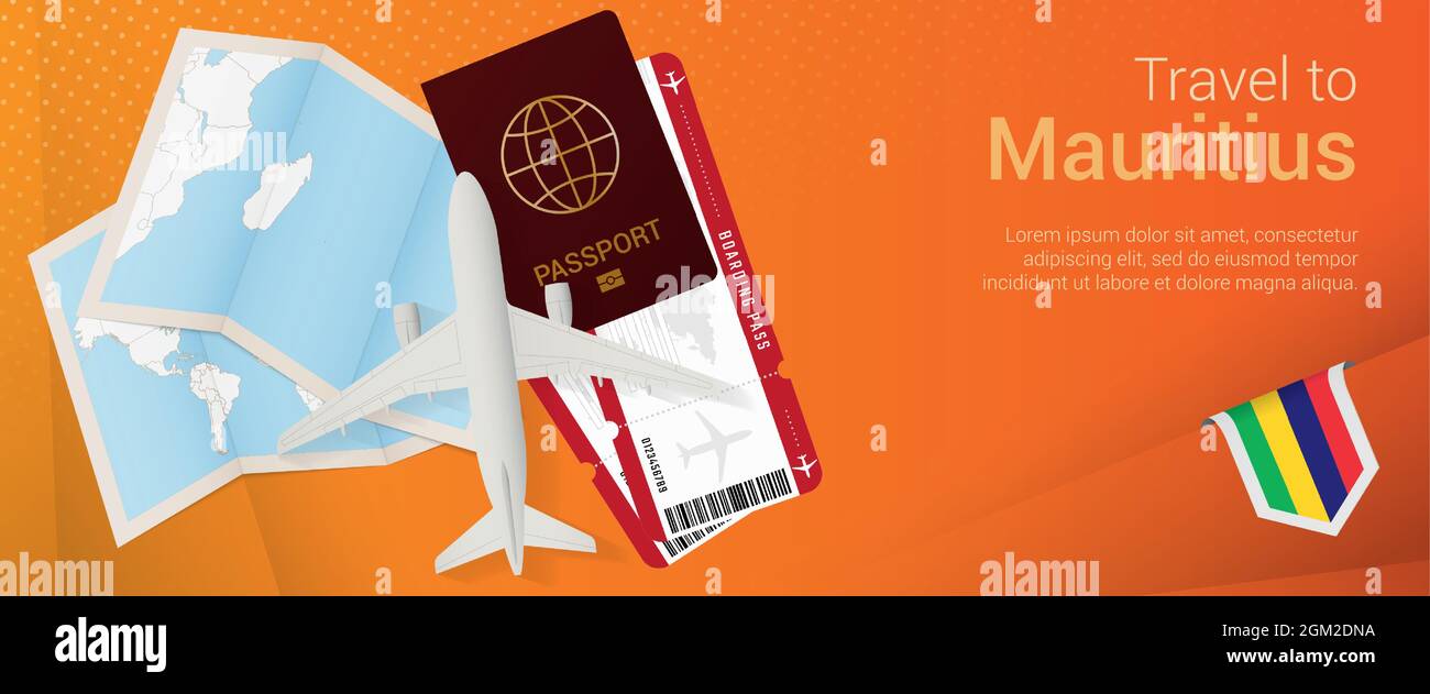 Travel to Mauritius pop-under banner. Trip banner with passport ...