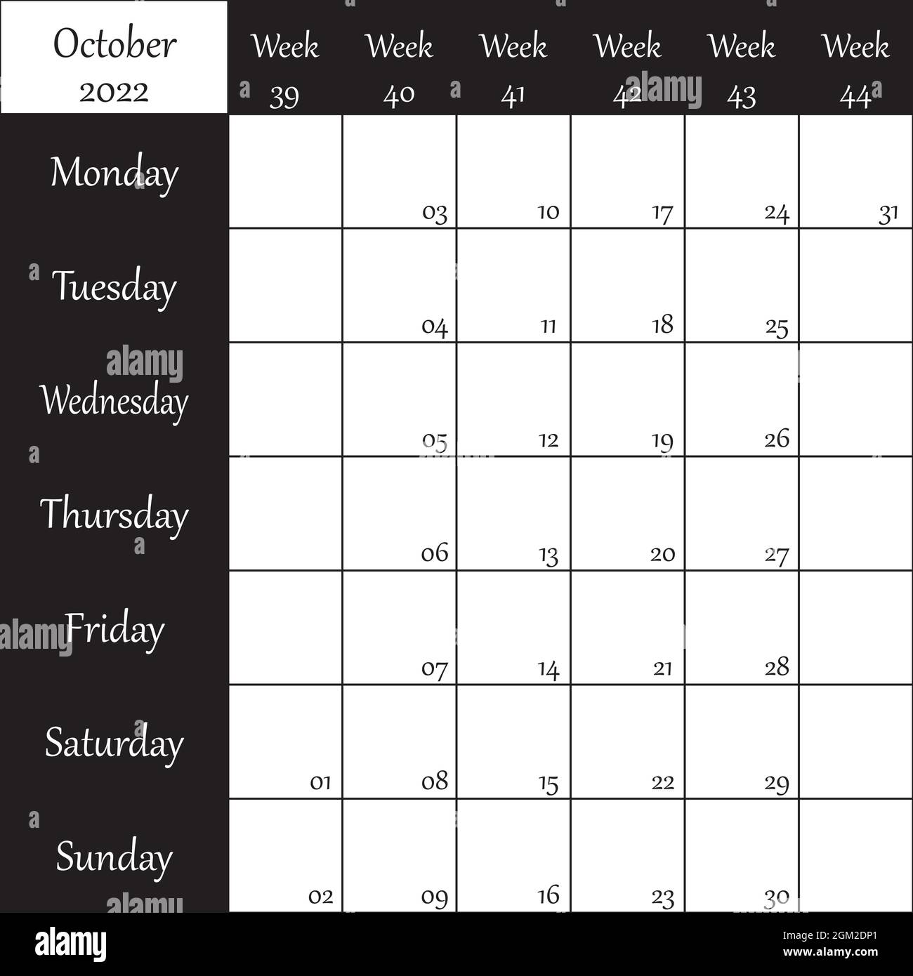 October 2022 Planner with number for each Week black on transparent ...