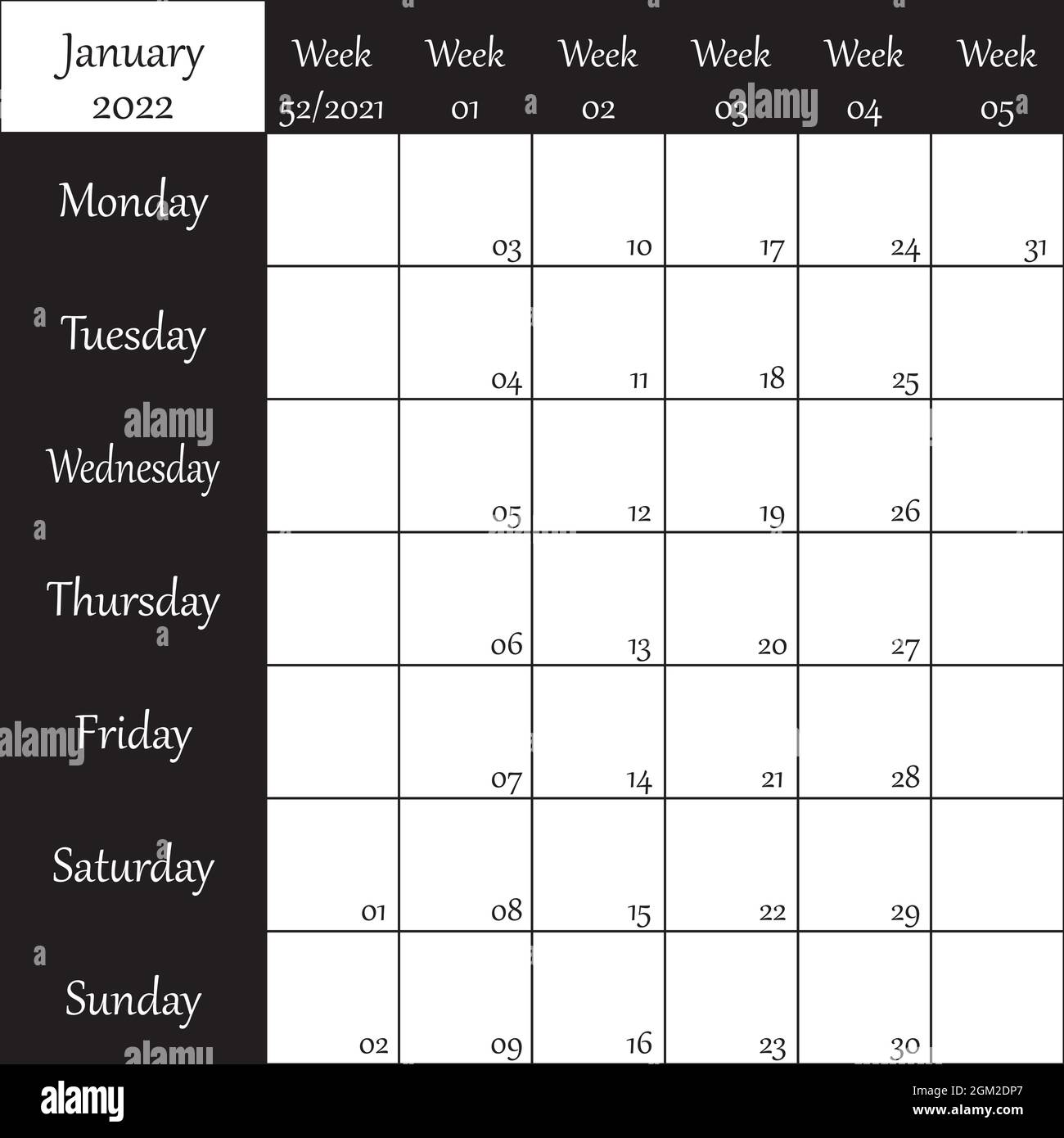 January 2022 Planner with number for each Week black on transparent ...
