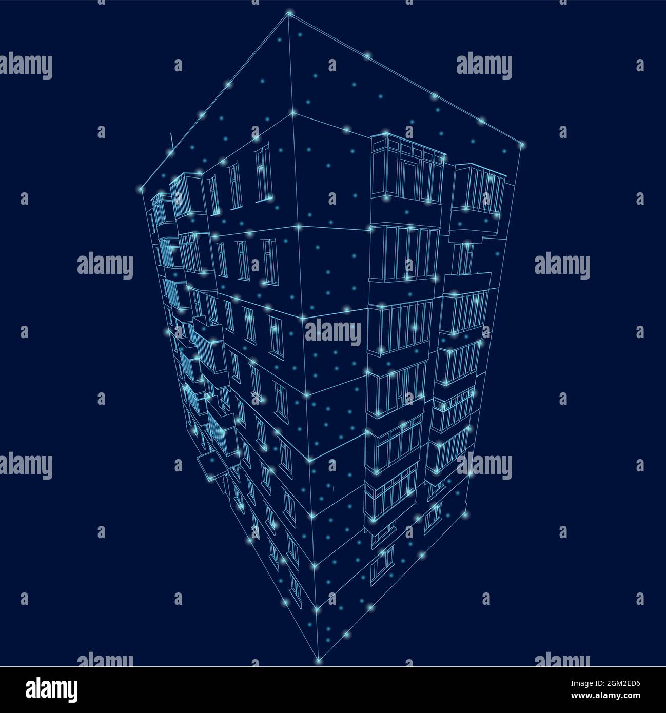 The contour of a multi-storey building made of blue lines on a dark ...