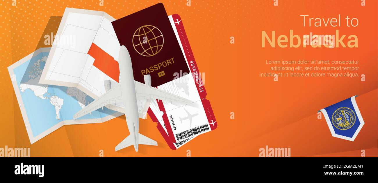 Travel to Nebraska pop-under banner. Trip banner with passport, tickets ...