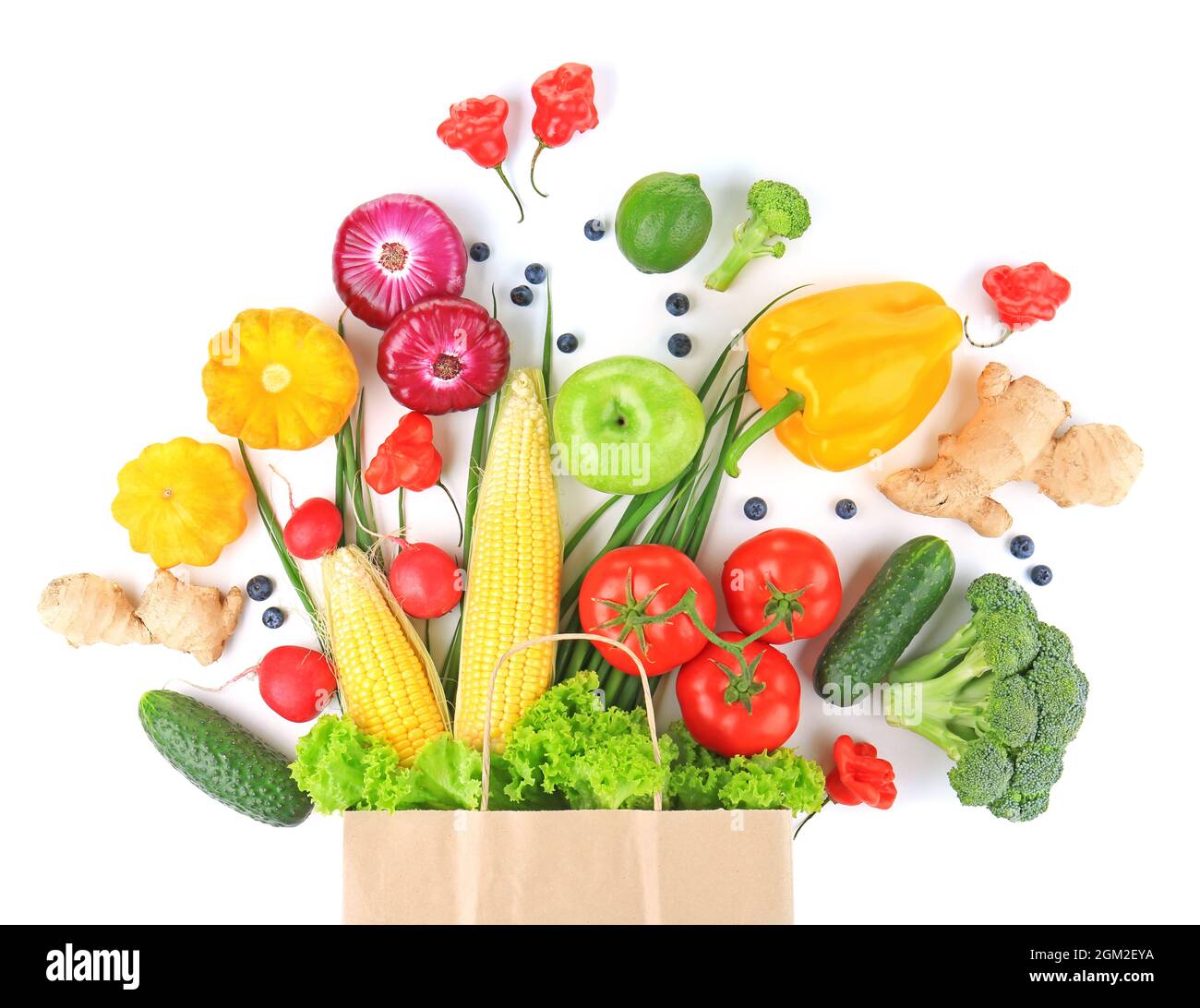 Composition of different fruits and vegetables on white background ...