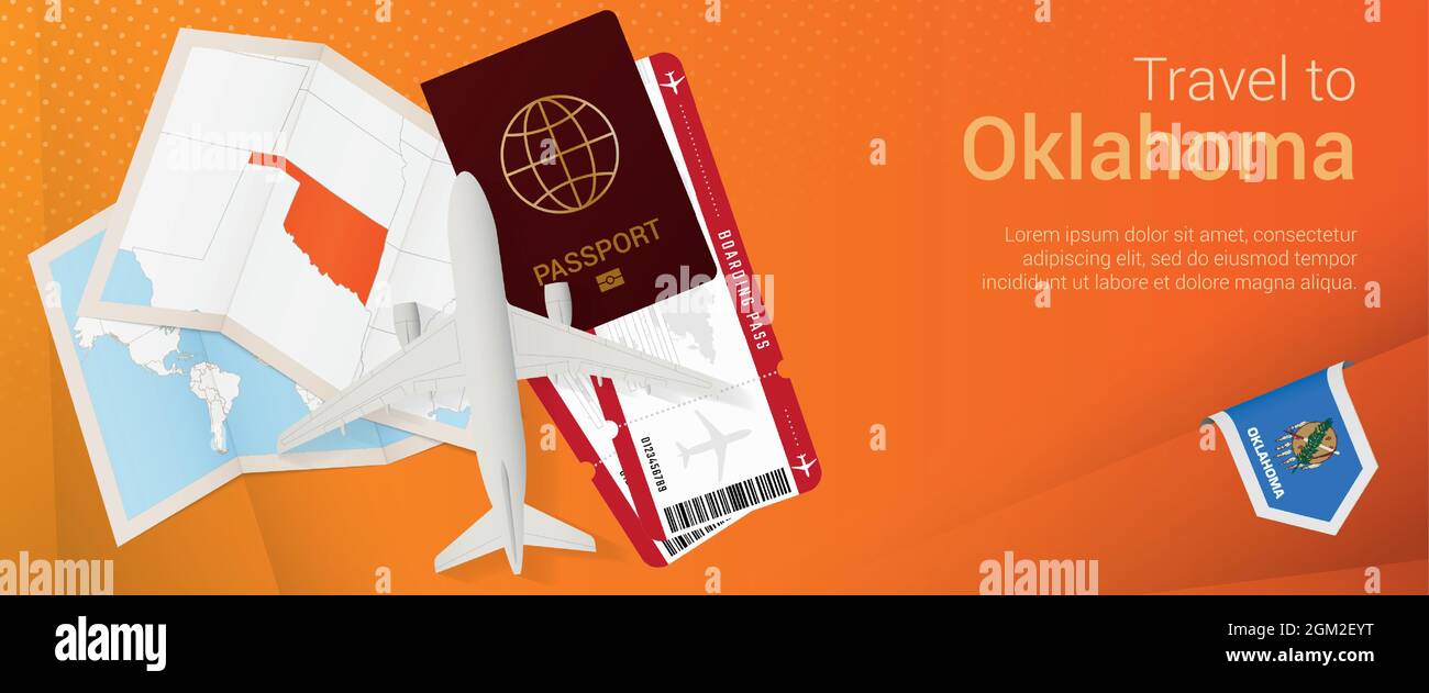 Travel to Oklahoma pop-under banner. Trip banner with passport, tickets ...