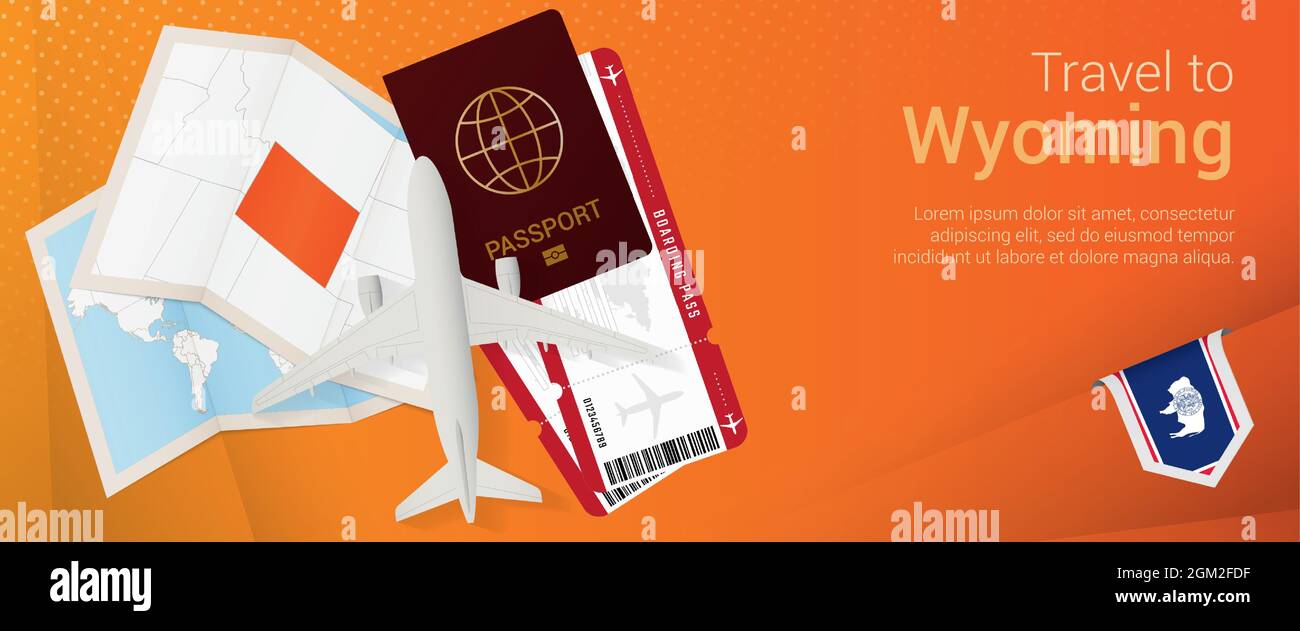 Travel to Wyoming pop-under banner. Trip banner with passport, tickets ...