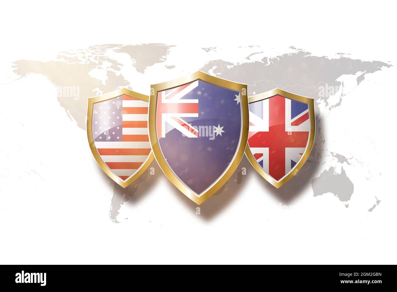 Us Australia and Great Britain flags in golden shield on world map ...