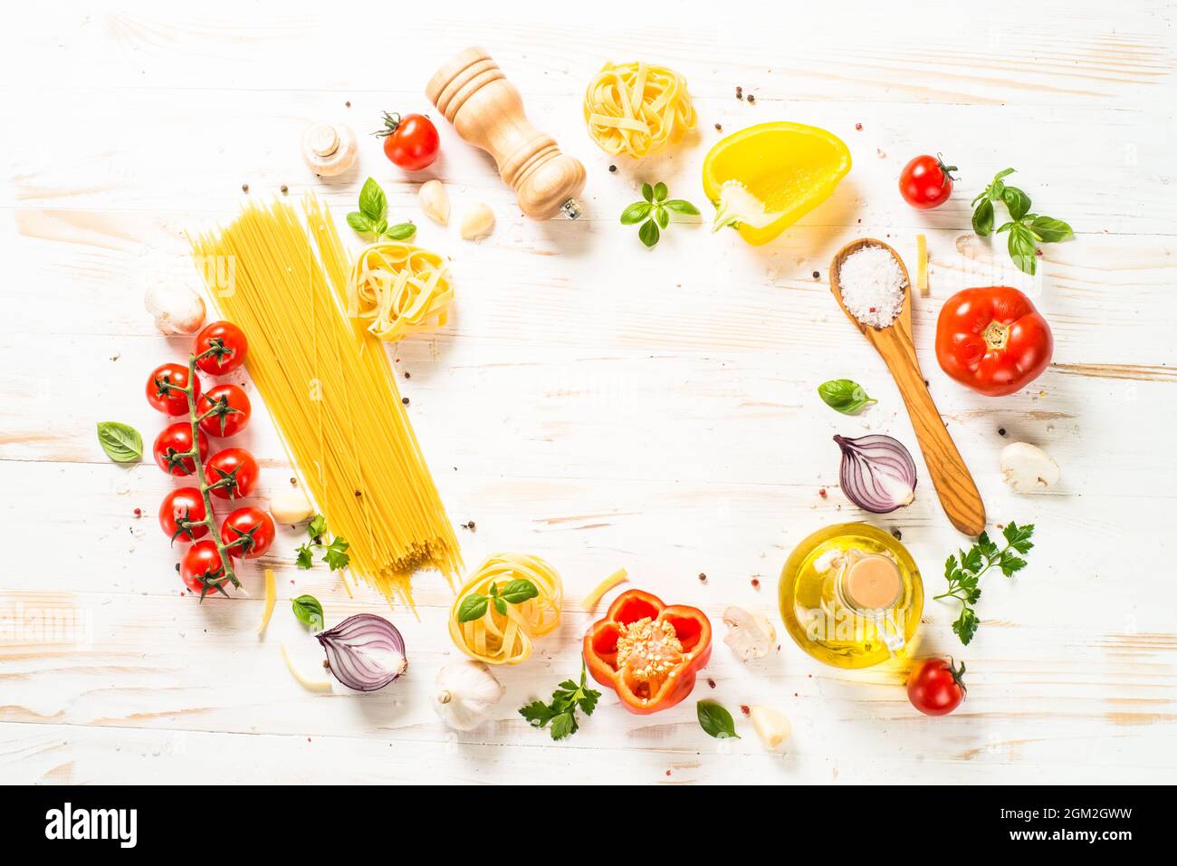 Italian food background at white bkitchen table Stock Photo - Alamy