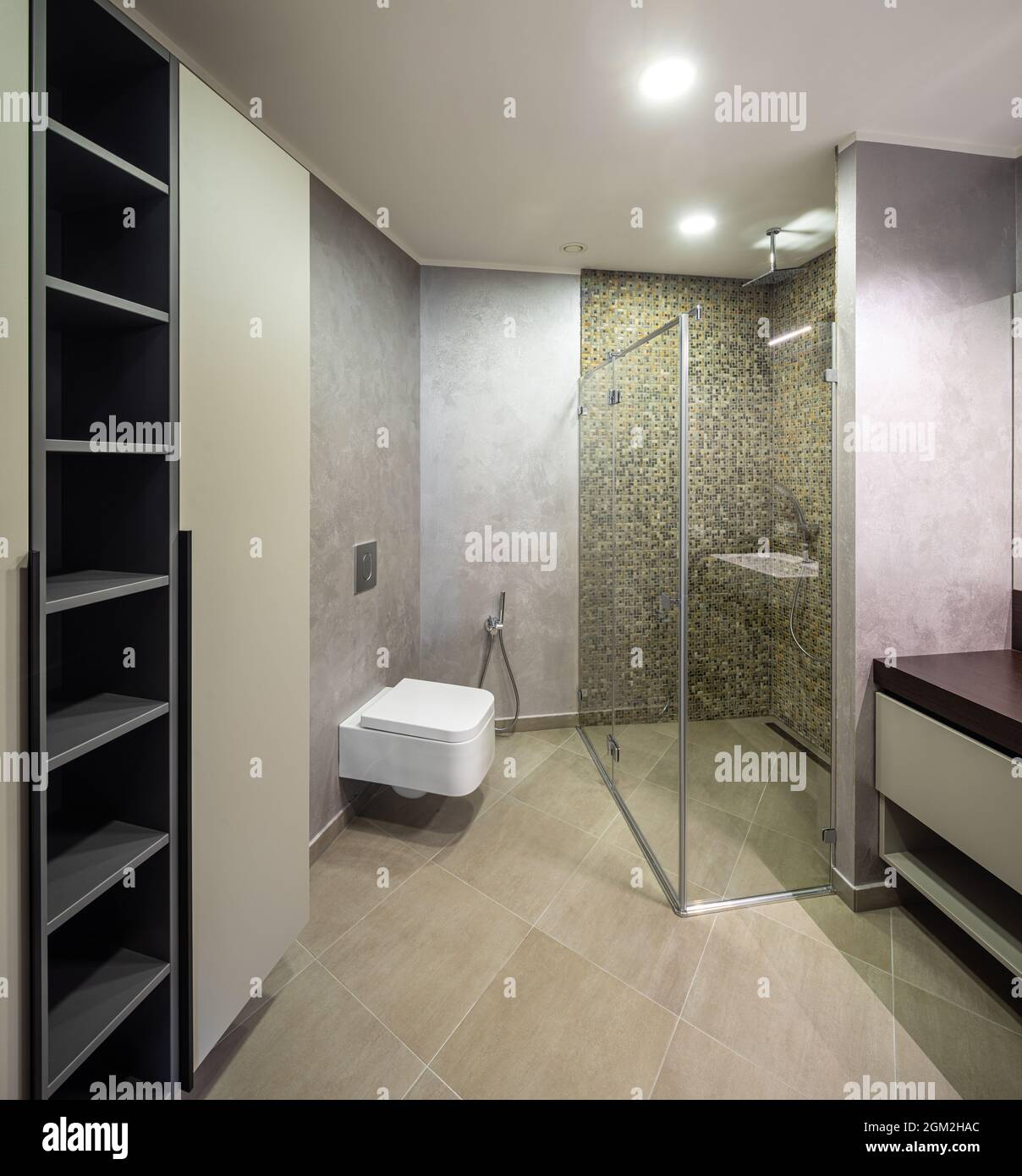 Modern interior of bathroom in luxury apartment. Wooden counter. White ...