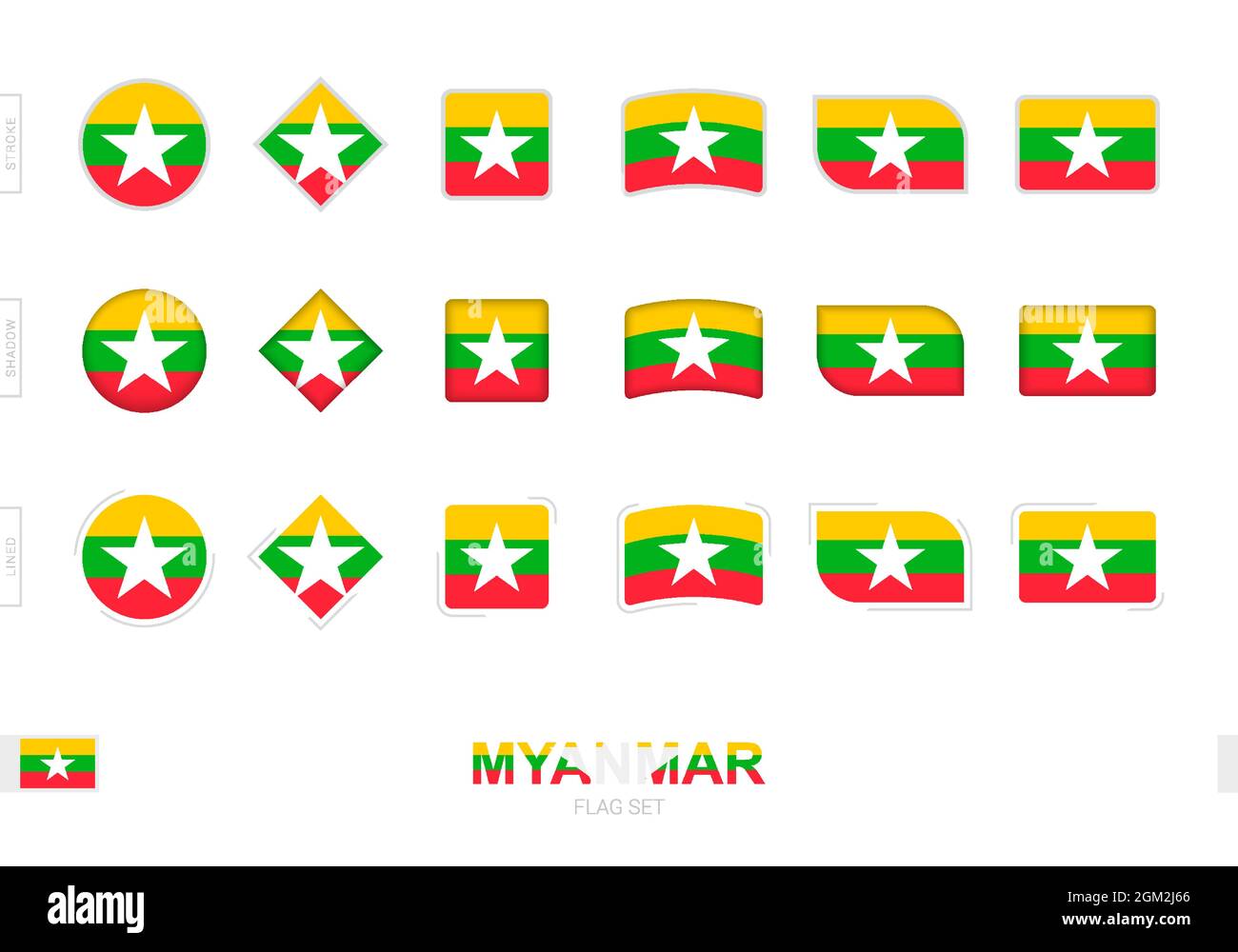 Myanmar flag set, simple flags of Myanmar with three different effects ...