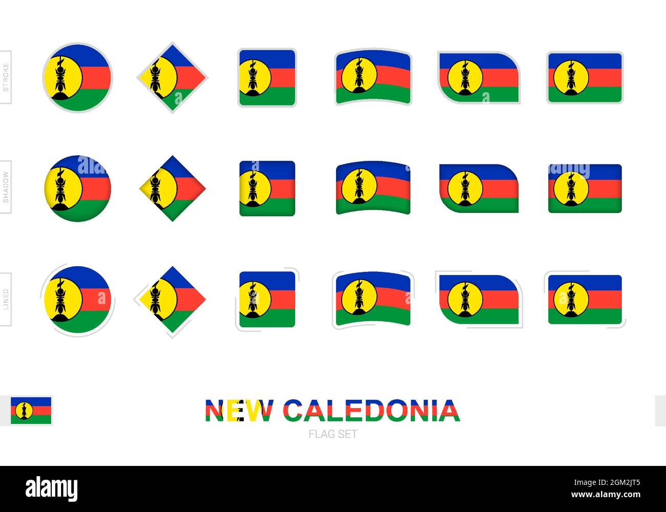 New Caledonia flag set, simple flags of New Caledonia with three different effects. Vector ...