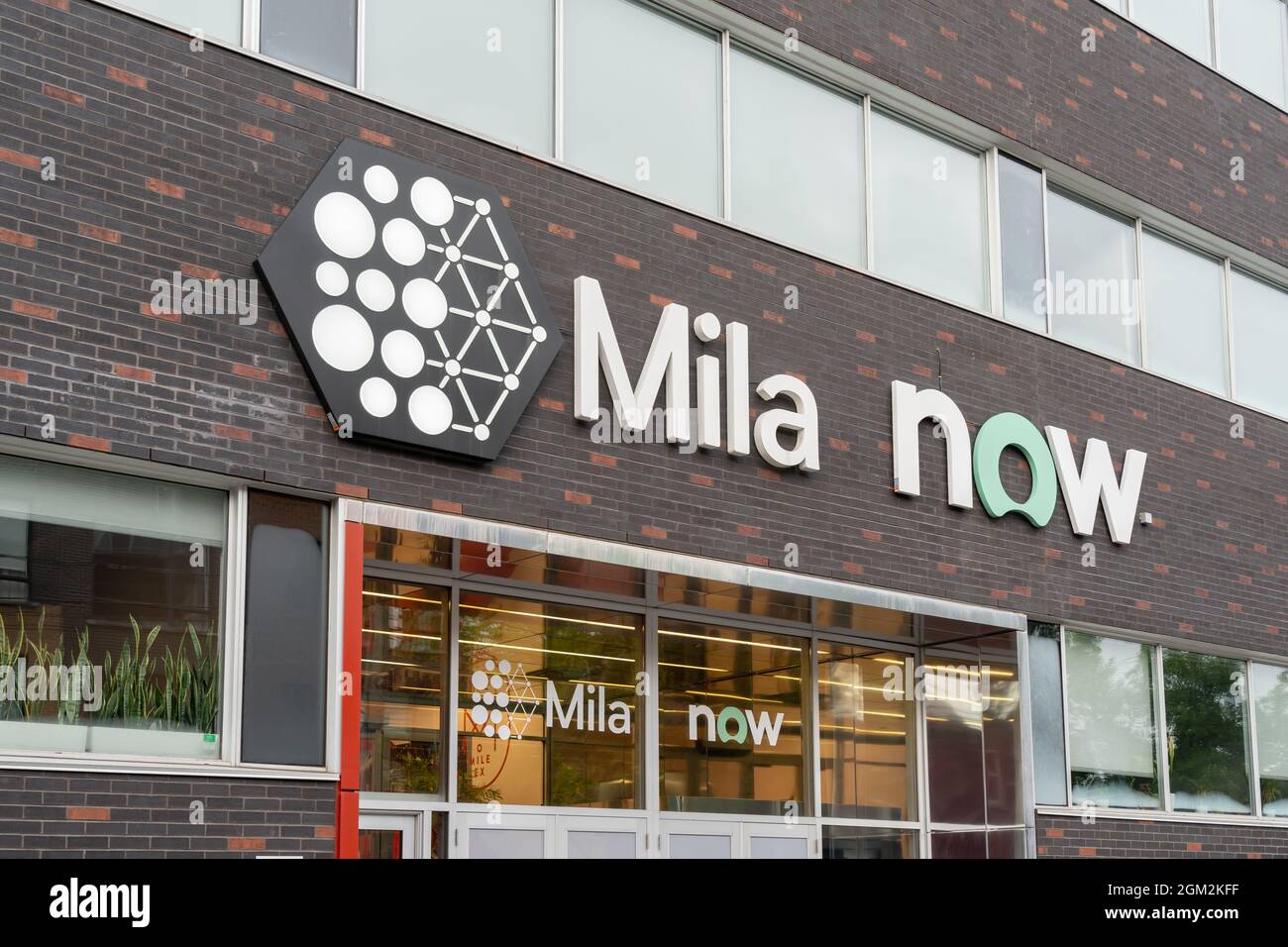 Montreal, QC, Canada - September 6, 2021: Close up of Mila Now sign on ...