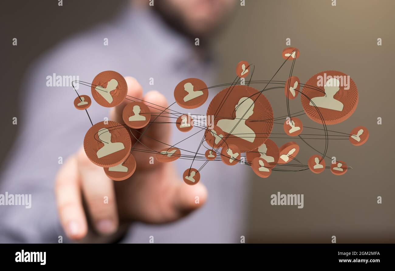 3d rendering of human profile symbols on orange circular desks in a ...