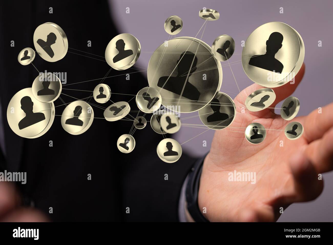 3d rendering of human profile symbols on beige circular desks in a ...