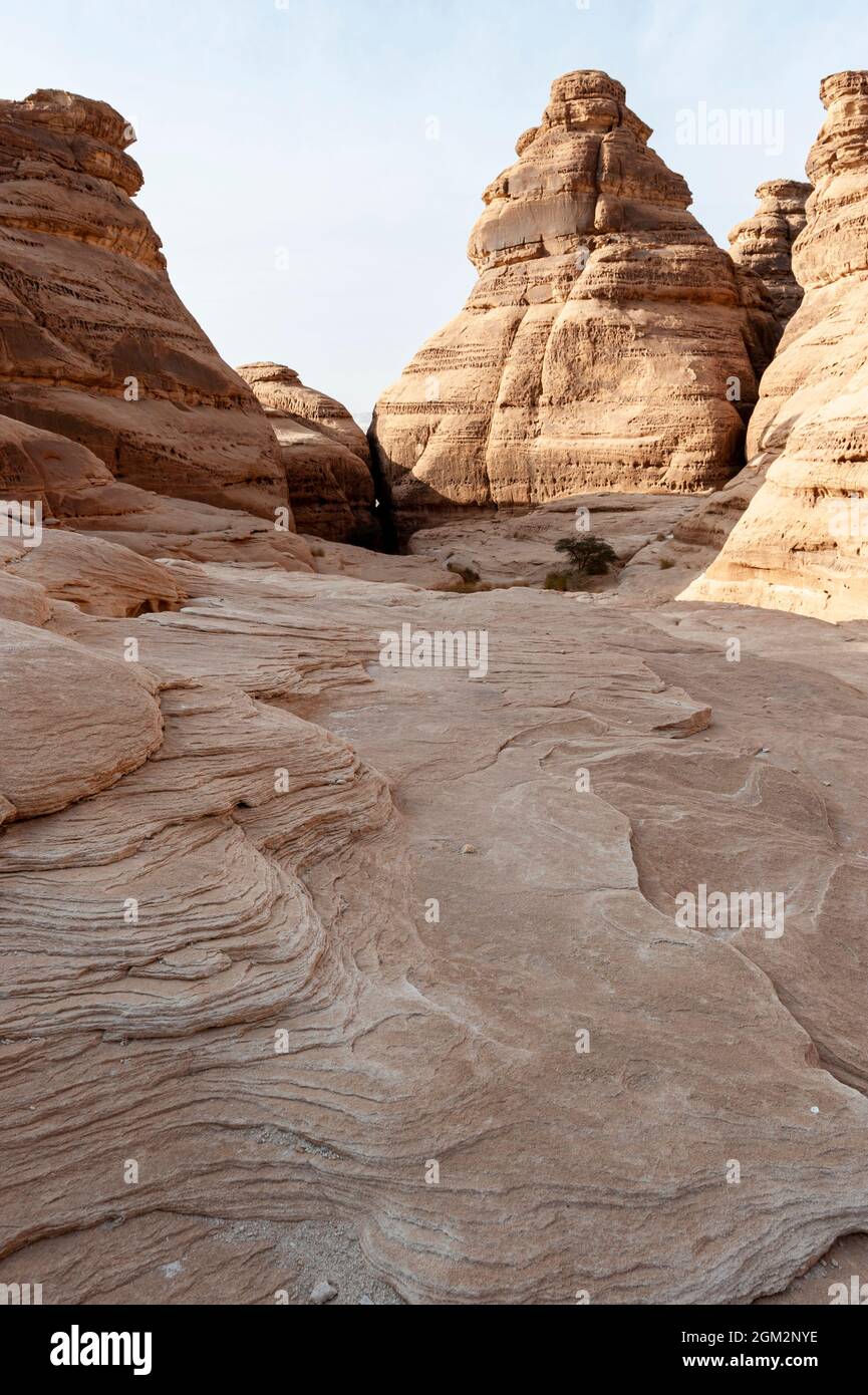 Sandstone rock formations of crazy shapes in the desert near Medina and ...