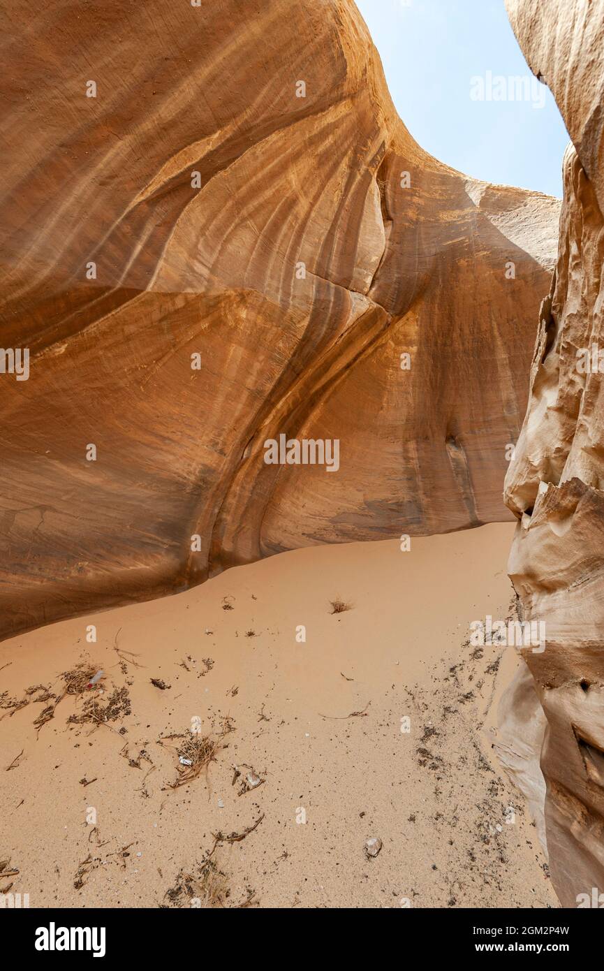 Sandstone rock formations of crazy shapes in the desert near Medina and ...