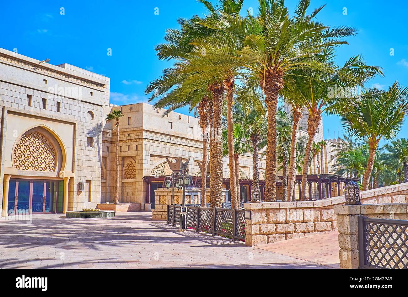 Scenic medieval style Eastern castle-like building of Madinat Arena is ...