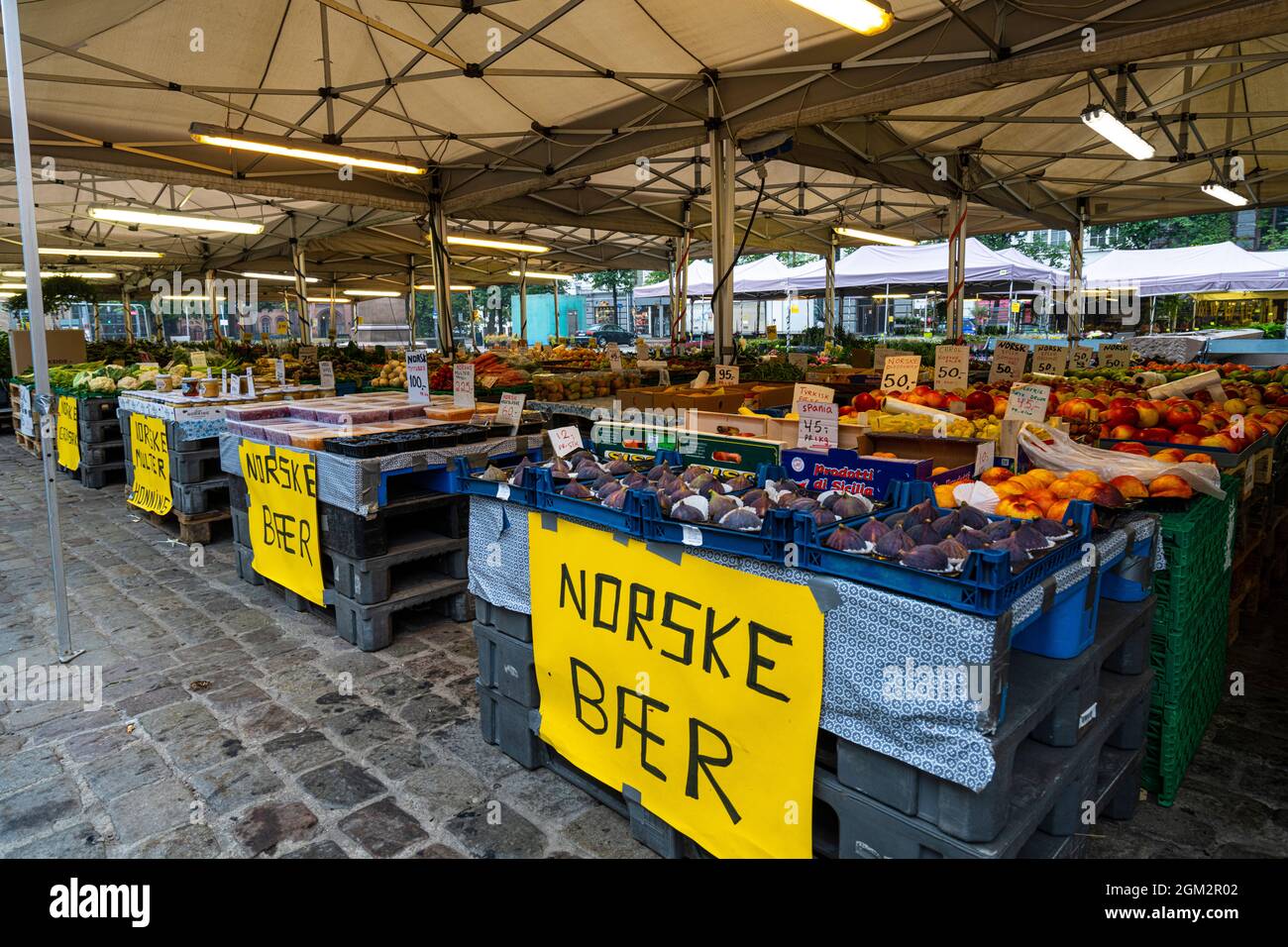 Oslo, Norway. September 2021. the stalls selling fruit and vegetables ...