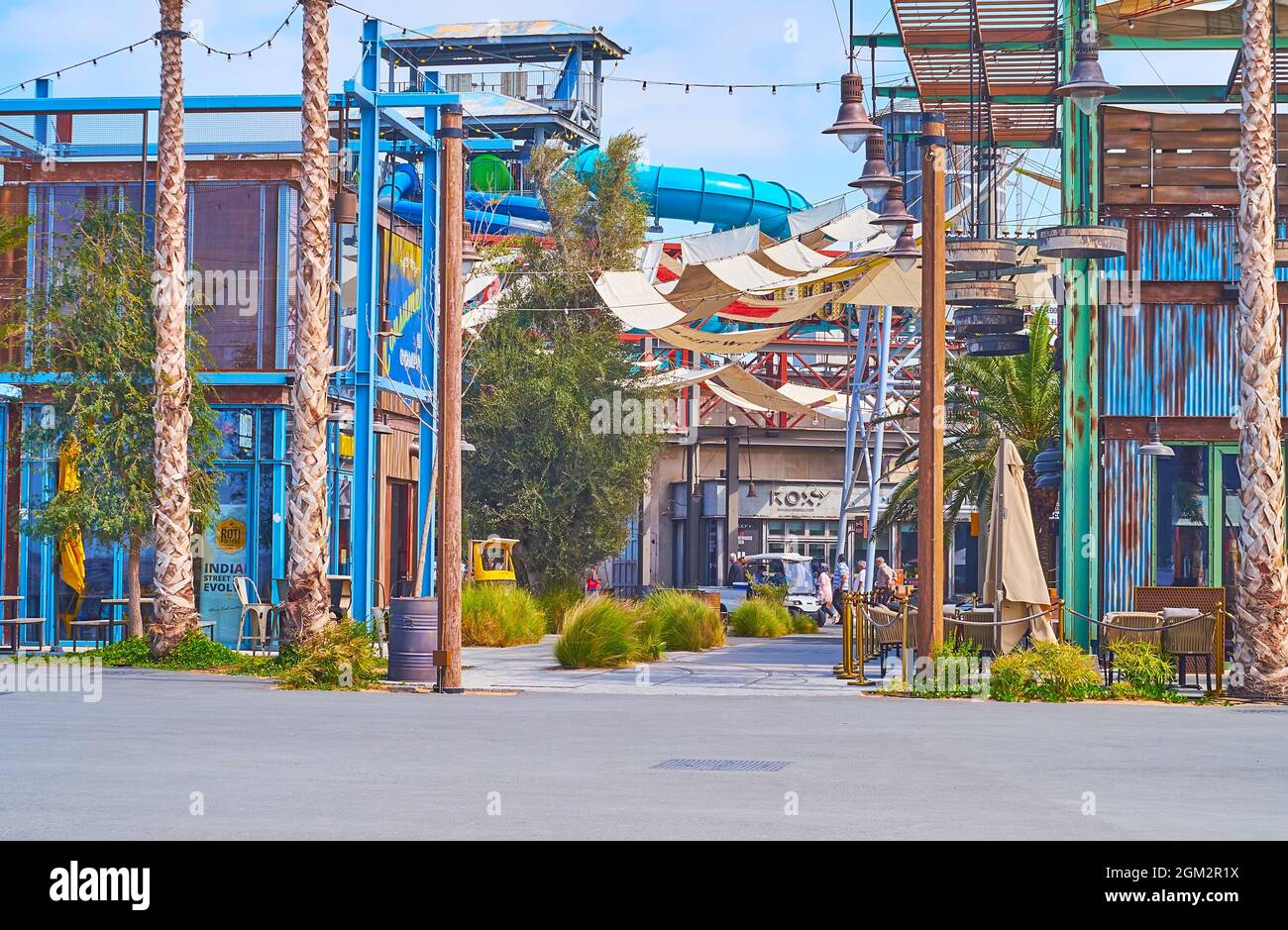 DUBAI, UAE - MARCH 4, 2020: The waterslides of Laguna Waterpark are ...