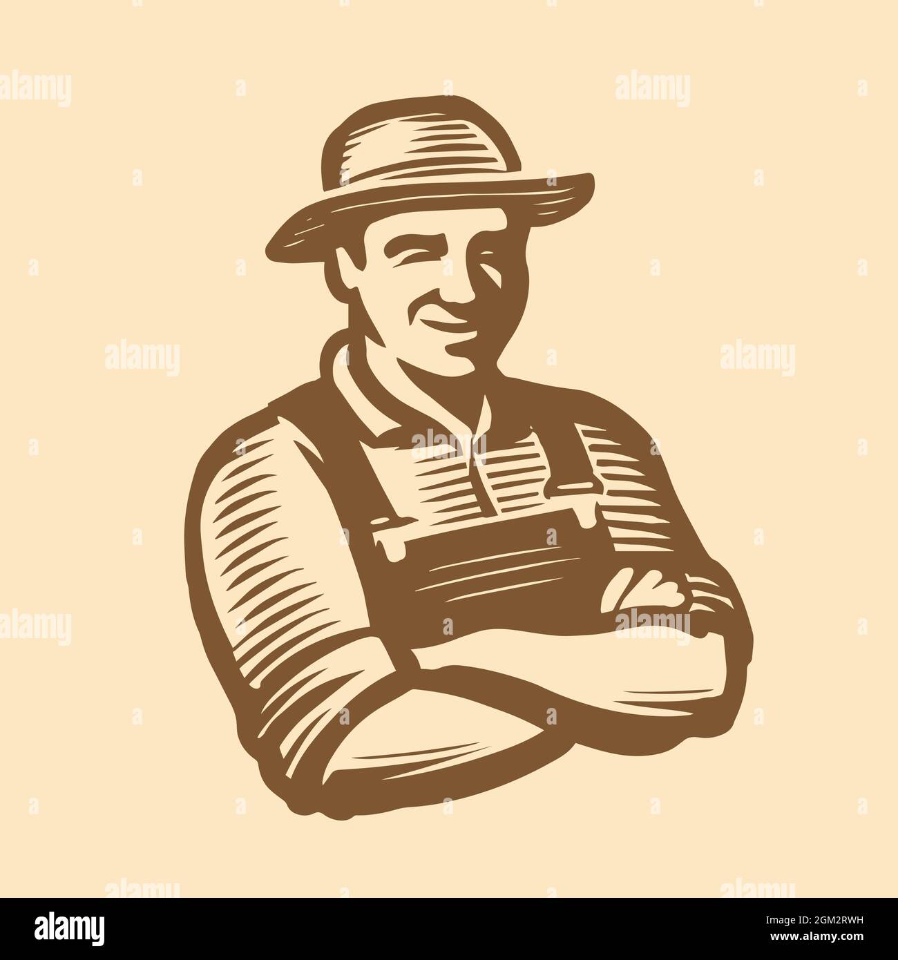 Farmer man logo. Farm, agriculture symbol in engraving style. Sketch ...
