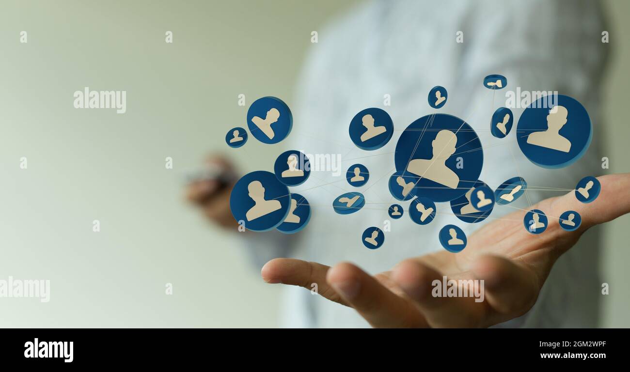 3d rendering of human profiles on blue desks in a social networking ...