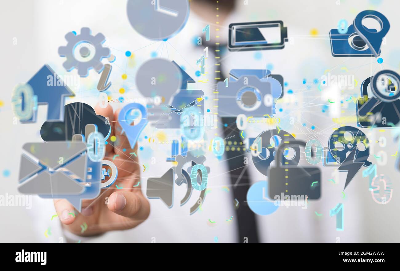 3d rendering of different digital cyberspace technology symbols with a ...