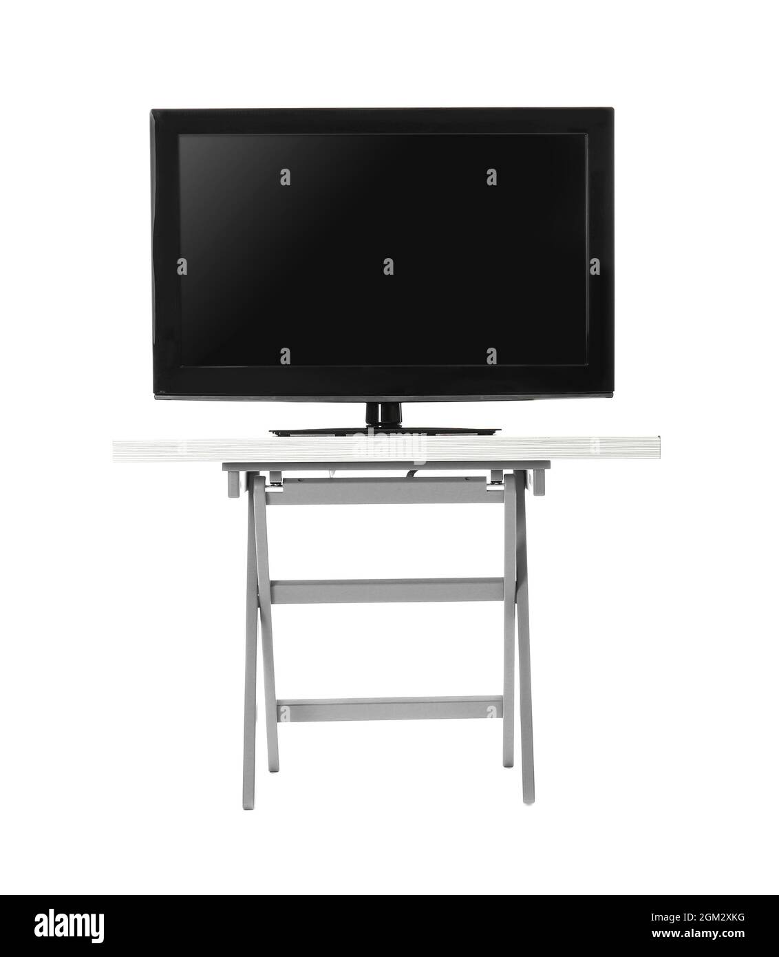 Stand with modern TV on white background Stock Photo - Alamy