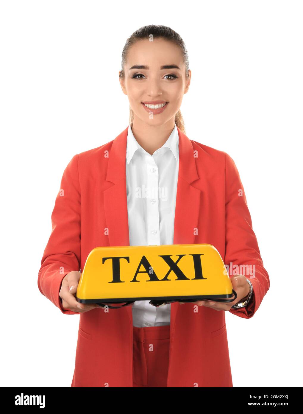 Beautiful woman with taxi roof light on white background Stock Photo ...